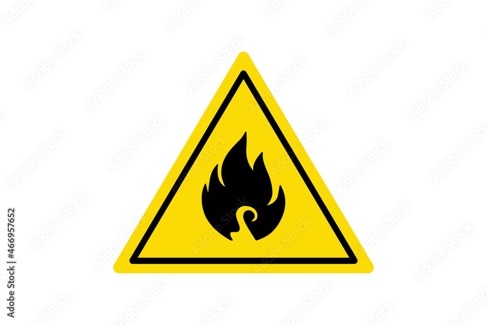 Flammable sign, flame pictogram. Yellow triangle icon on white ...