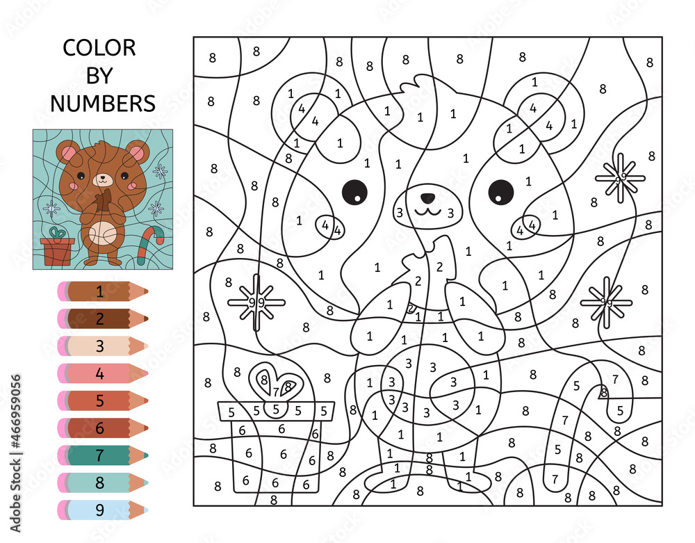 Color by numbers. Cute kawaii bear with gingerbread cookies, gift box ...