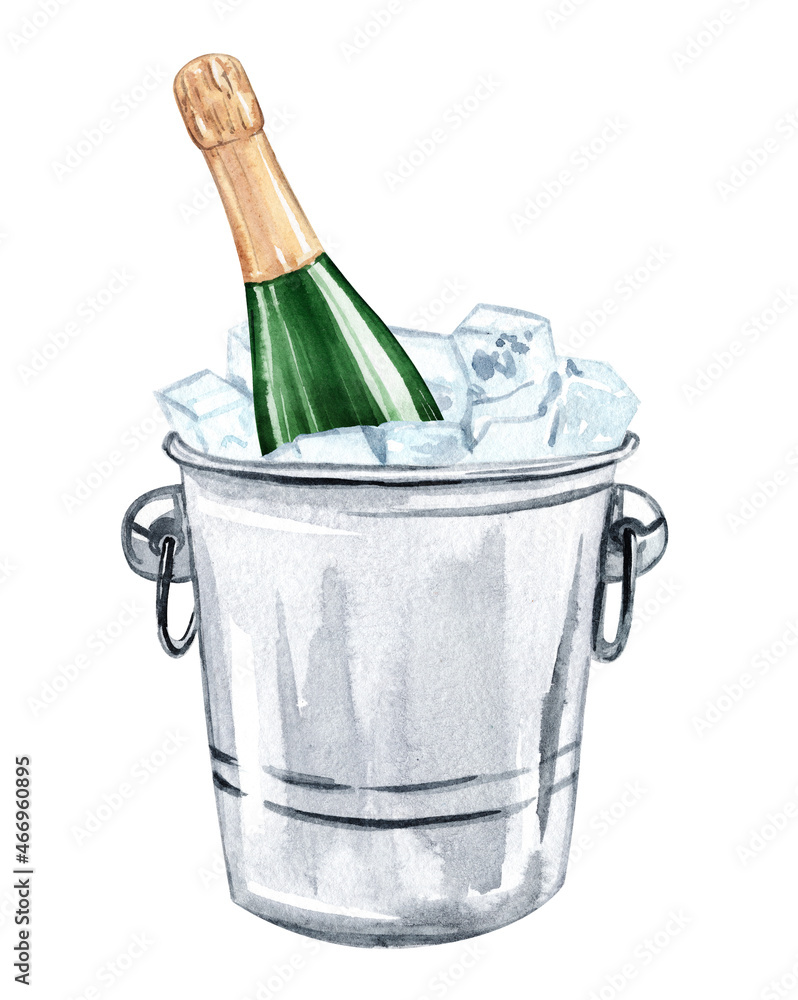 Watercolor bottle in ice bucket isolated on white background Stock ...