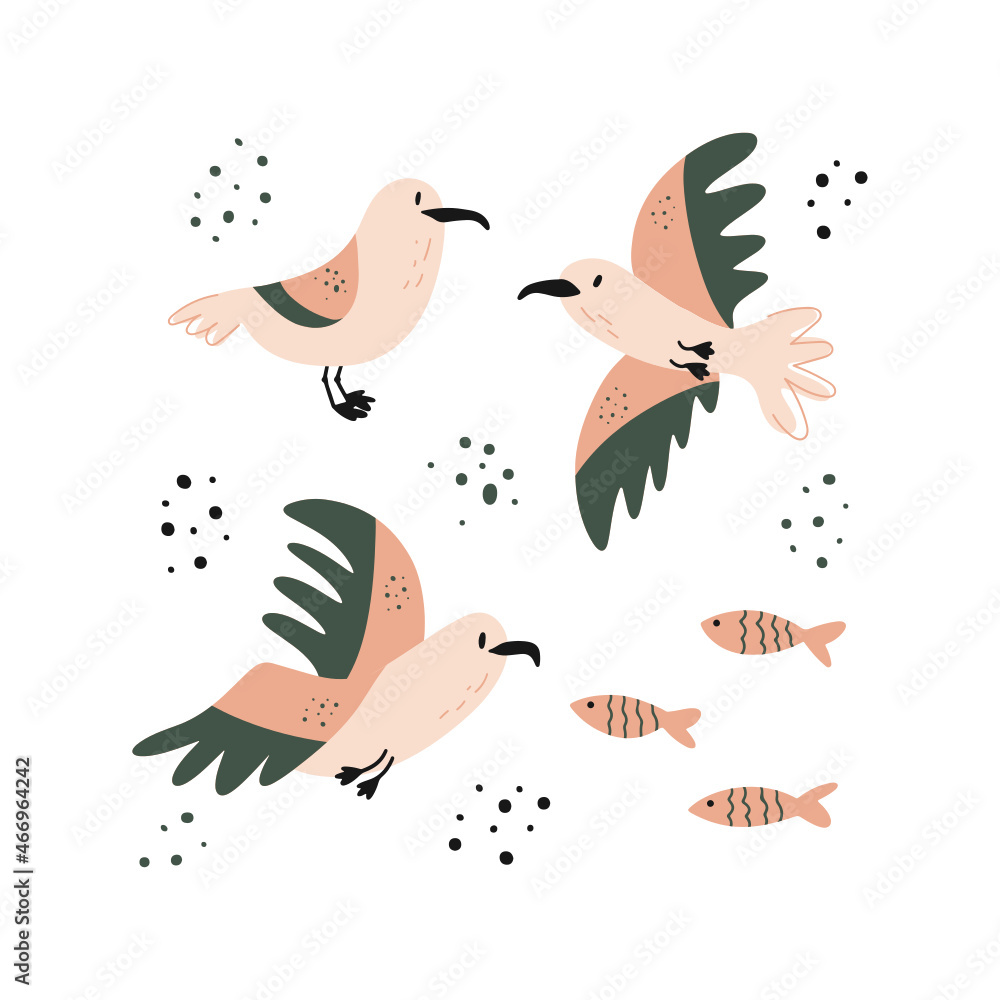Bird set isolated vector illustration in hand drawn flat style. Seagull ...