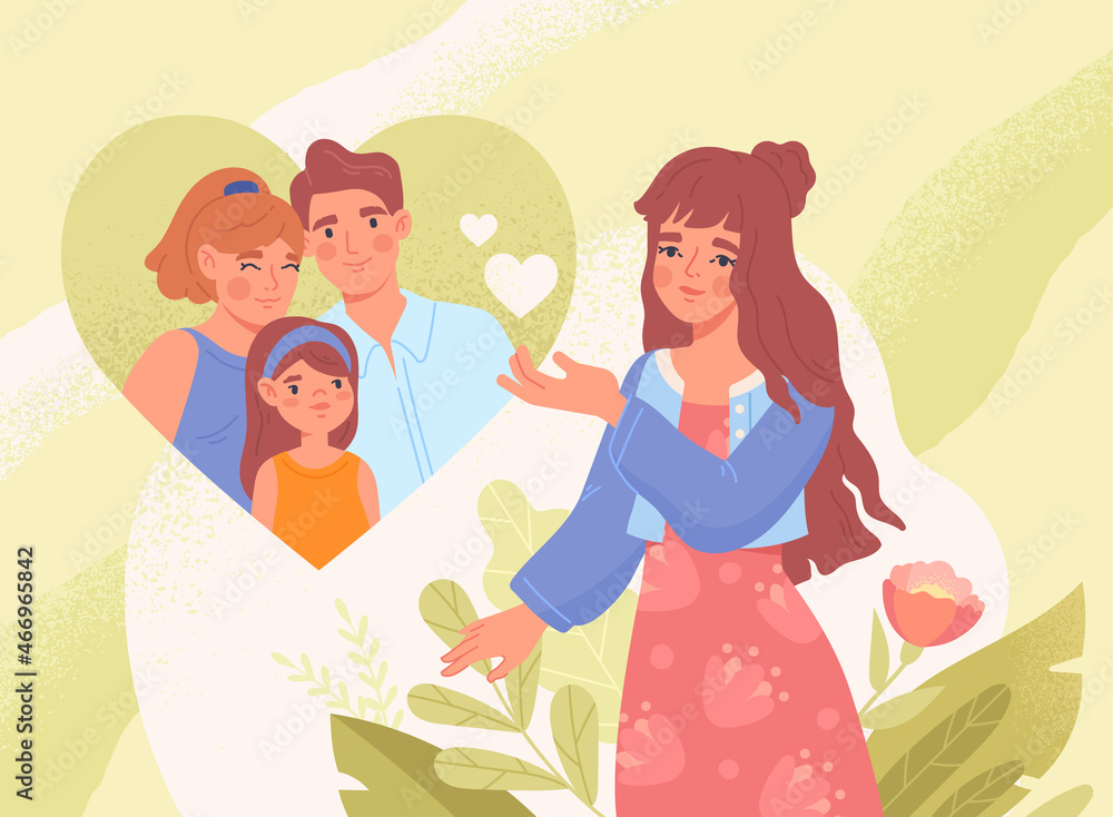 Concept of good healthy relations. Beautiful woman remembers her family ...