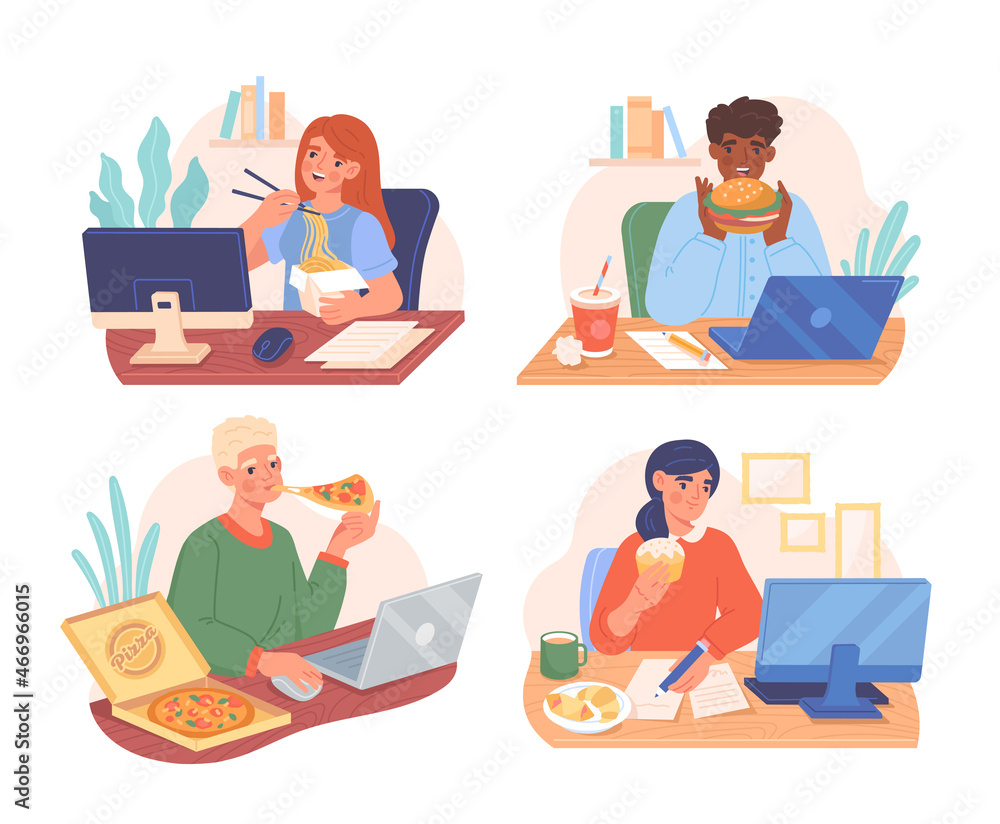 Set of people eating food at office. Men and women eat noodles, pizza ...