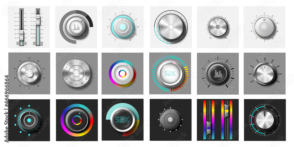 Set of round adjustment dial. Realistic knobs for regulation volume ...