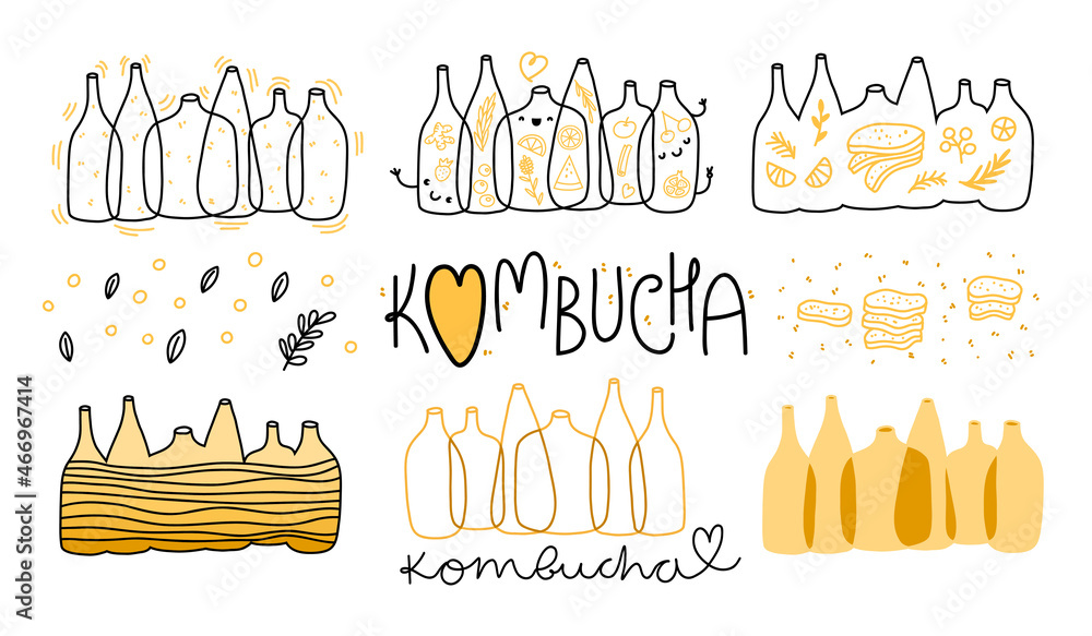 Kombucha logo kit, editable variations of kombucha bottles illustration ...