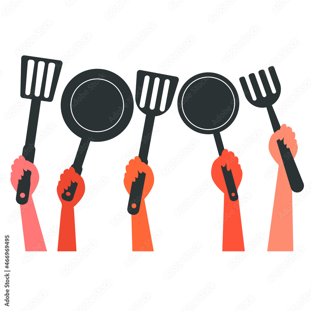 Hands up, hold the pan and spatula. Concept: culinary duel, battle of ...