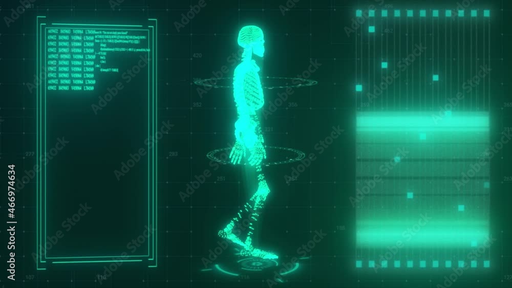 Technological concept. Walking 3d model of a skeleton on the background ...