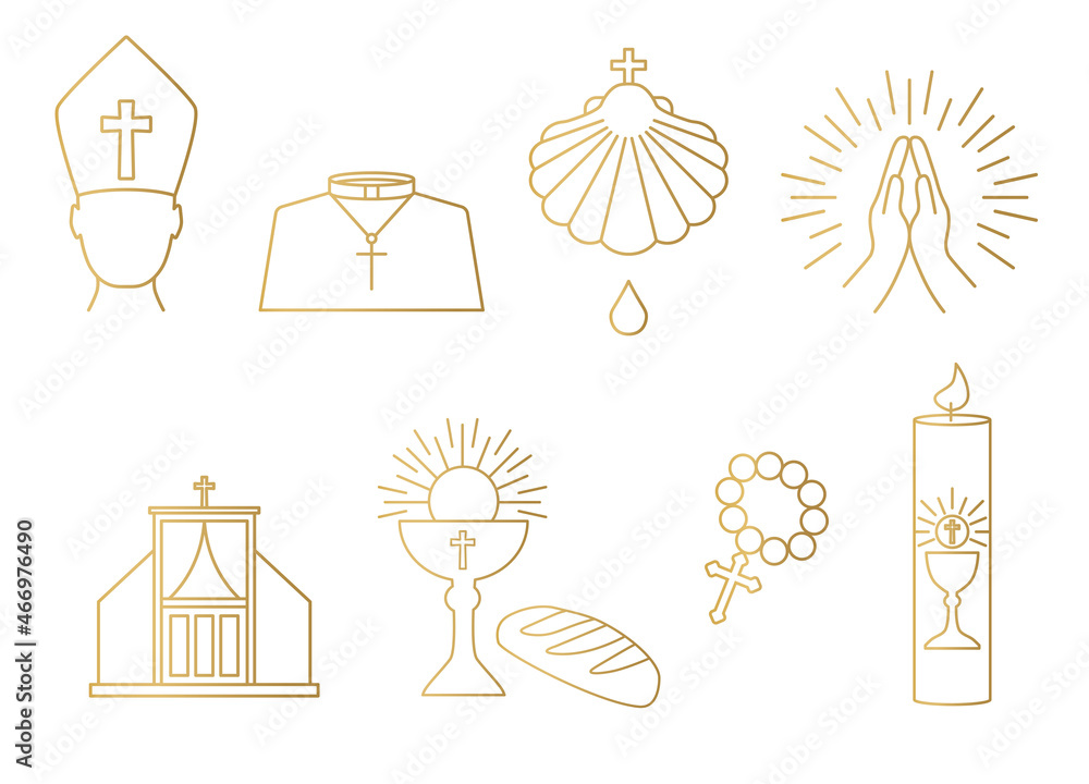 golden christianity, catholic church icon set; priest, baptism, prayer ...