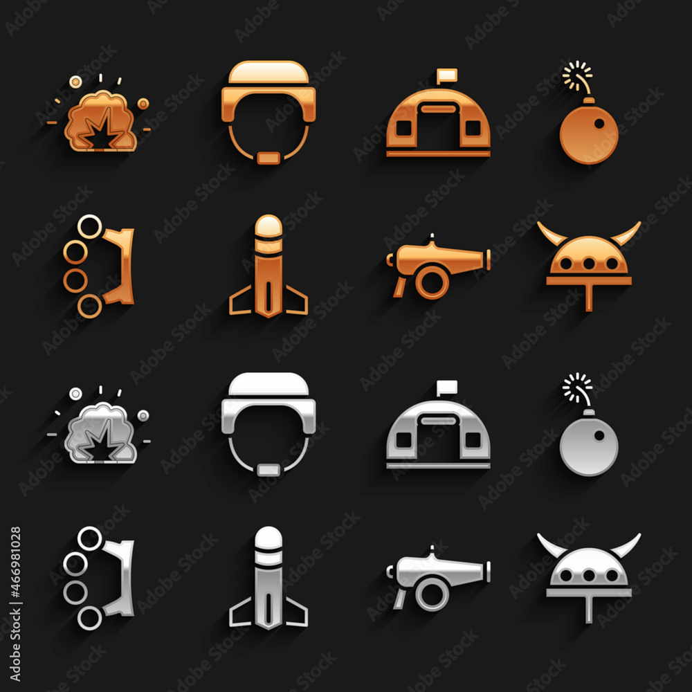 Set Rocket, Bomb ready to explode, Viking in horned helmet, Cannon ...