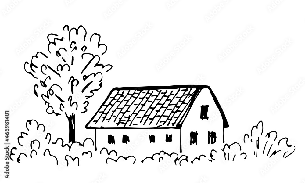 Simple hand-drawn vector drawing in black outline. Rural house in the ...