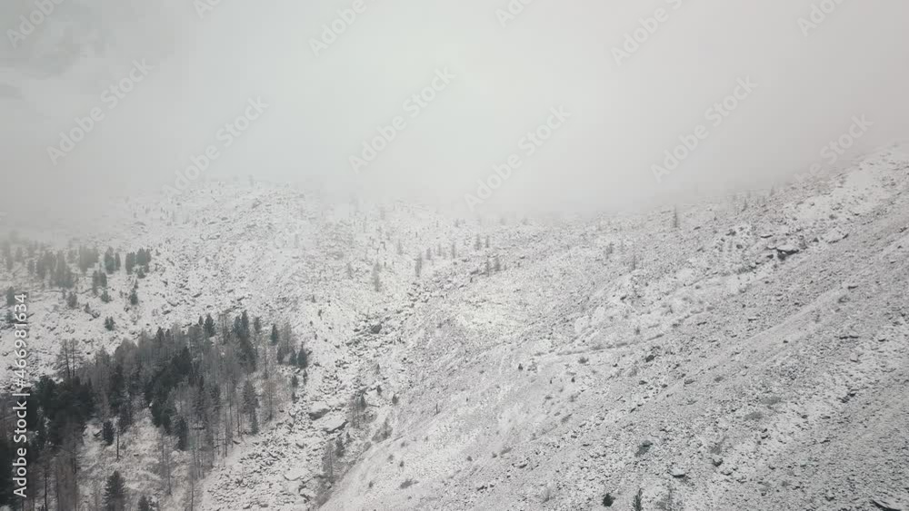 Storm, snowfall in the huge glacier of Mount Belukha, the valley of the ...