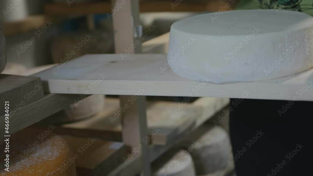 Vidéo Stock Female hands of a cheese maker turn the cheese heads on a ...