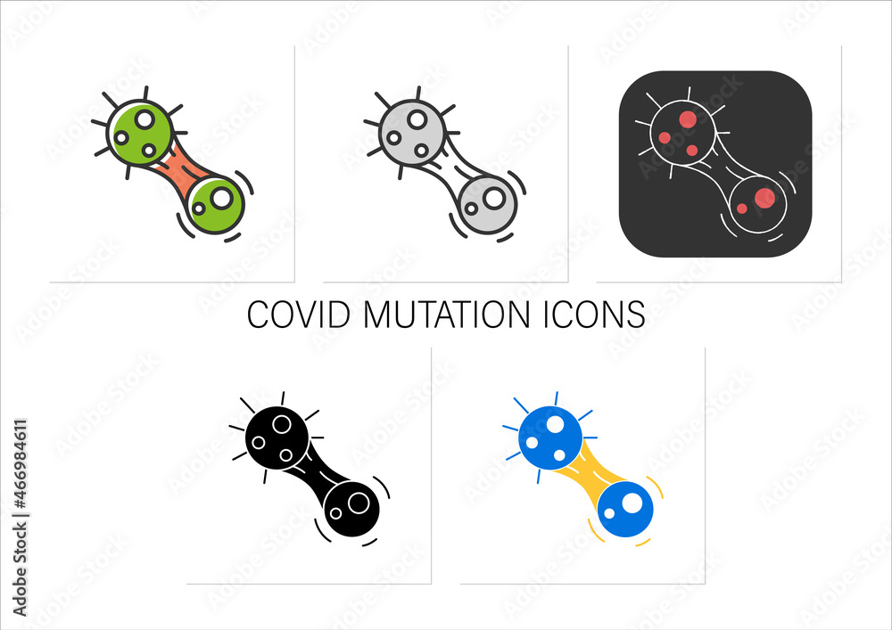Covid mutation icons set. Virus evolution and molecule mitosis. Concept ...