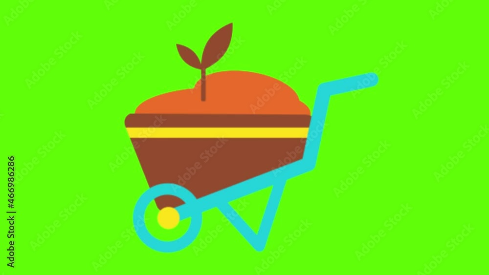 Agricultural wheelbarrow animated cartoon icon in the green background ...