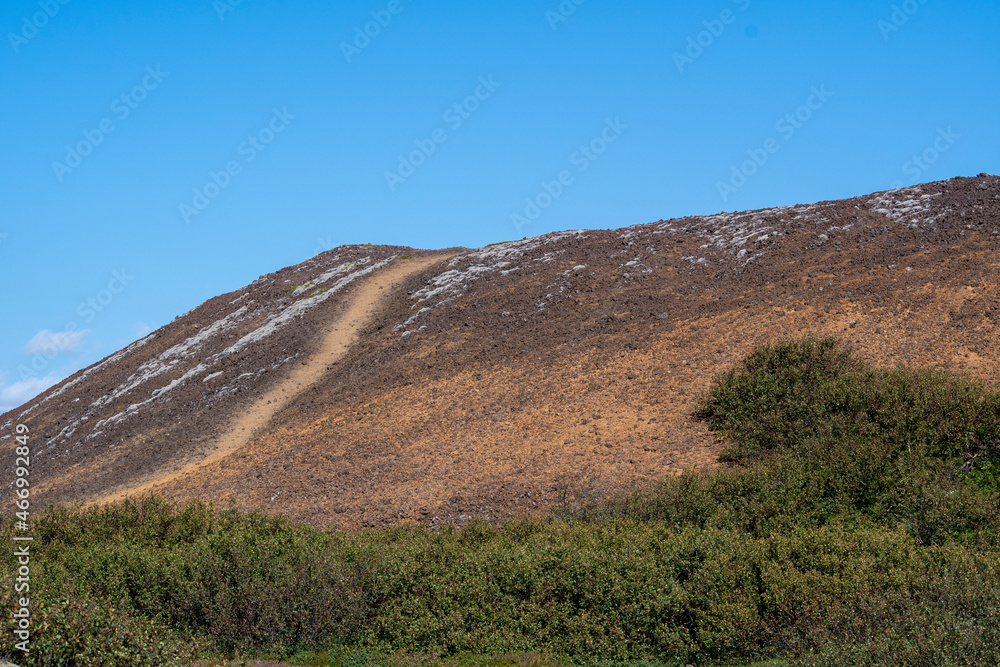 Landscape of path to Eldborg crater extinct volcano near Borgarnes ...