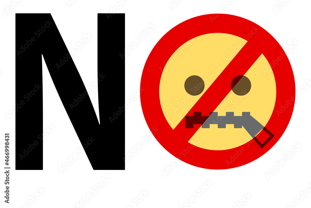 no text with prohibition sign against zipper mouth face emoji on white ...