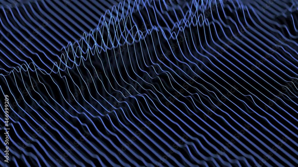 Audio blue wavefrom lines on black reflective backdrop. Abstract music ...