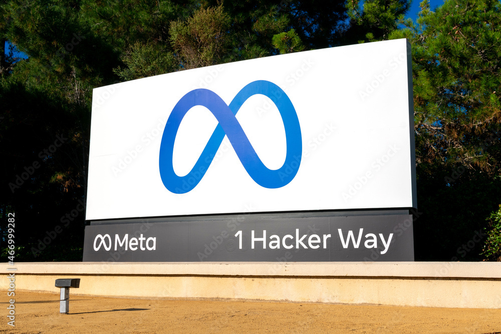 Meta logo, sign near Meta Platforms headquarters on 1 Hacker Way ...