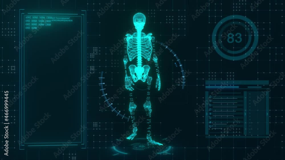 Technological concept. Walking 3d model of a skeleton on the background ...