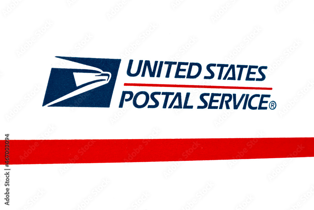 Logo of USPS United States Postal Service on PRIORITY MAIL Mailing Box ...