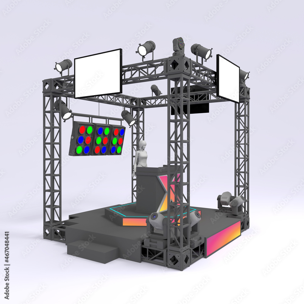 3d illustration stage DJ disk jockey with blank LED screen logo company ...