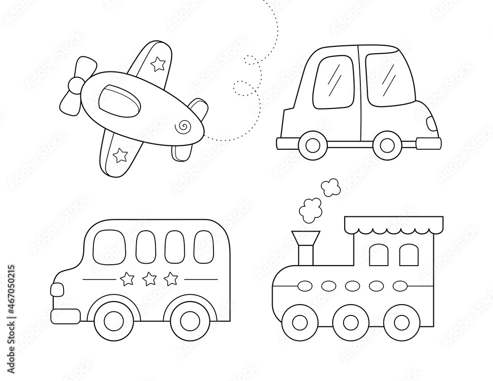easy shapes transportation vehicles, coloring page for kids, black and ...