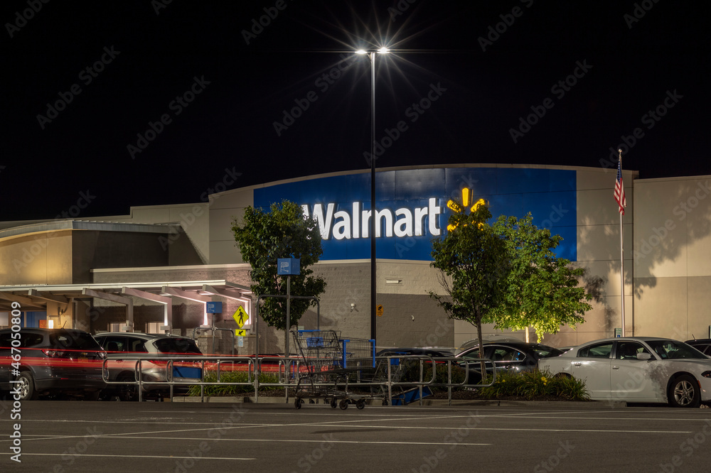SYRACUSE, NEW YORK, SEP 05, 2019: Night View of Walmart supercenter ...