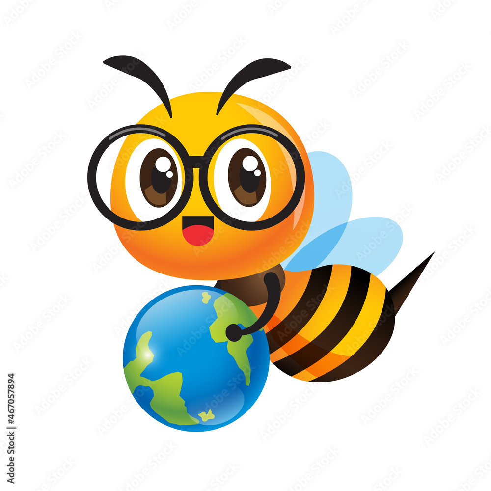 Education bee. Cartoon cute bee wearing eye glasses holding small earth ...