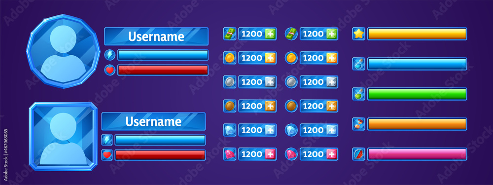 User profile ui elements for game with avatar, bars and icons in round ...