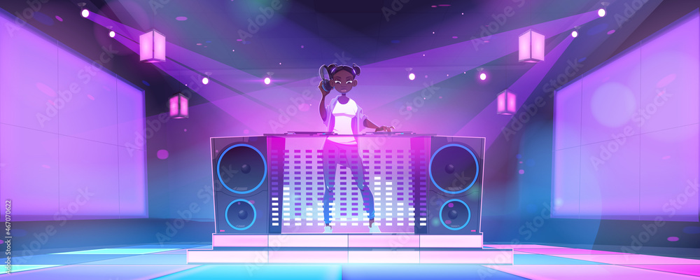Girl dj in nightclub with mixer console. Vector cartoon illustration of ...