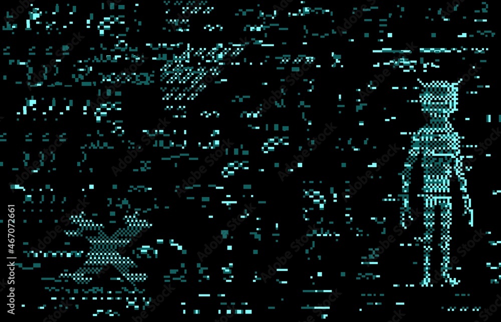 Glitch error screen distortion with alien. Digital pixel noise vector ...