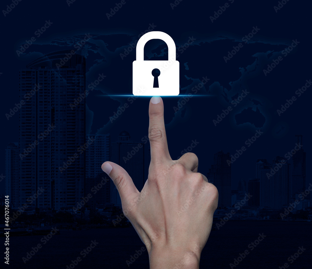 Hand pressing padlock flat icon over world map, modern city tower and ...