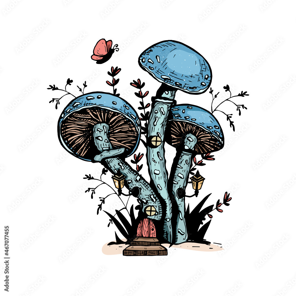 blue mushroom vector sketch. hand drawing. vector graphics. eps Stock ...
