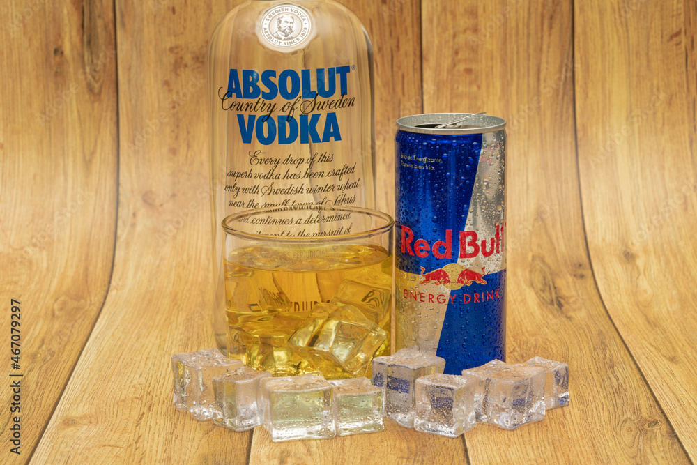 Aluminium can of Red Bull Energy drink with ice and drops, Vodka ...