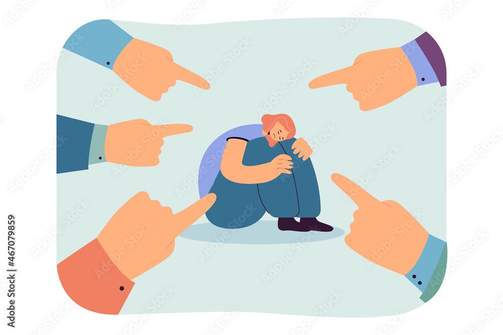 Hands with index fingers pointing at depressed woman. People ...