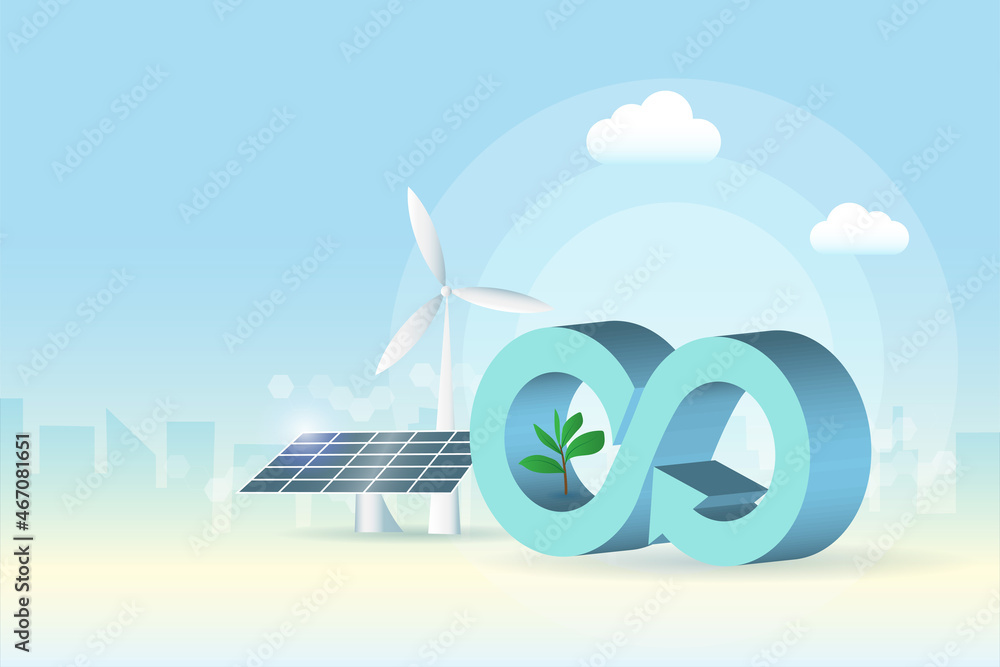 Circular economy logo with wind turbines and solar panel in city ...