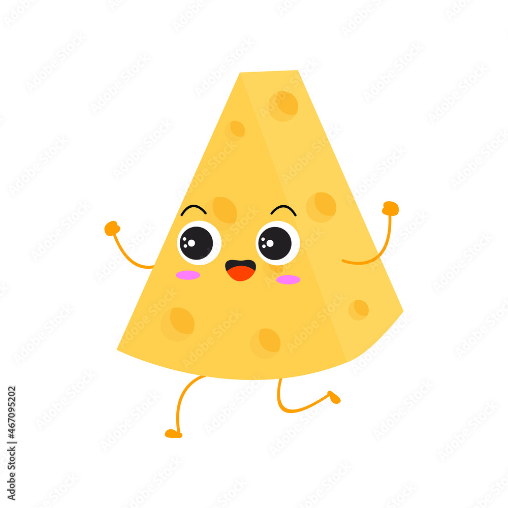 Kawaii cartoon of triangular cheese slice. Character of cute sliced ...