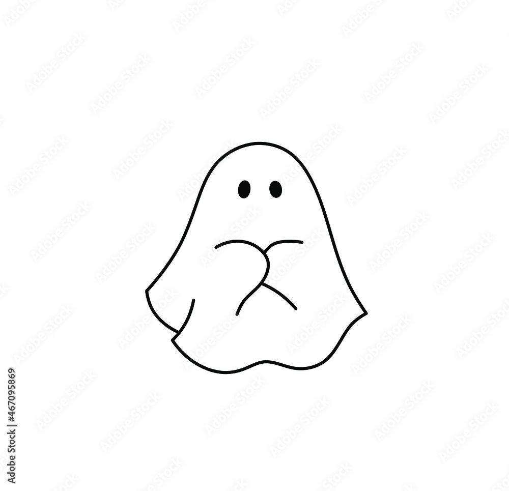 Vector isolated cute cartoon shy ghost under the sheet contour line ...