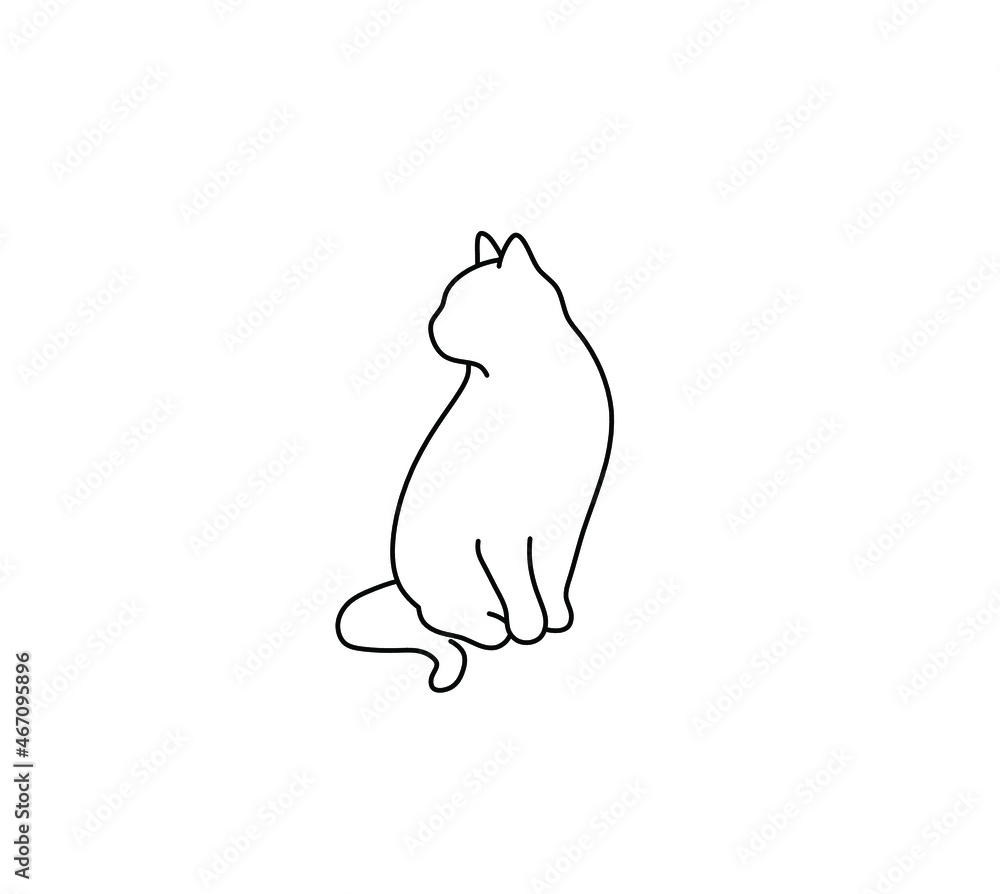 Vector isolated sitting cat silhouette contour line drawing. Colorless ...