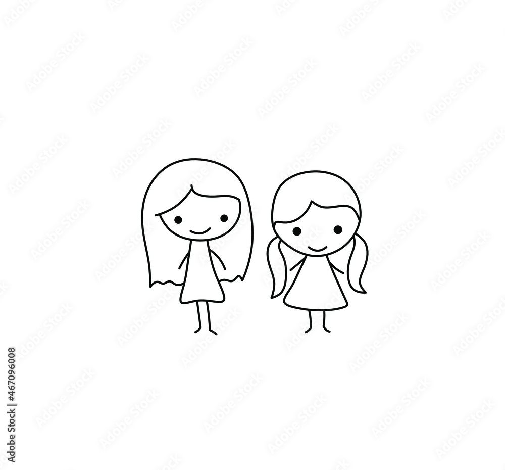 Vector isolated two cute doodle girls drawing. Children's drawing girls ...
