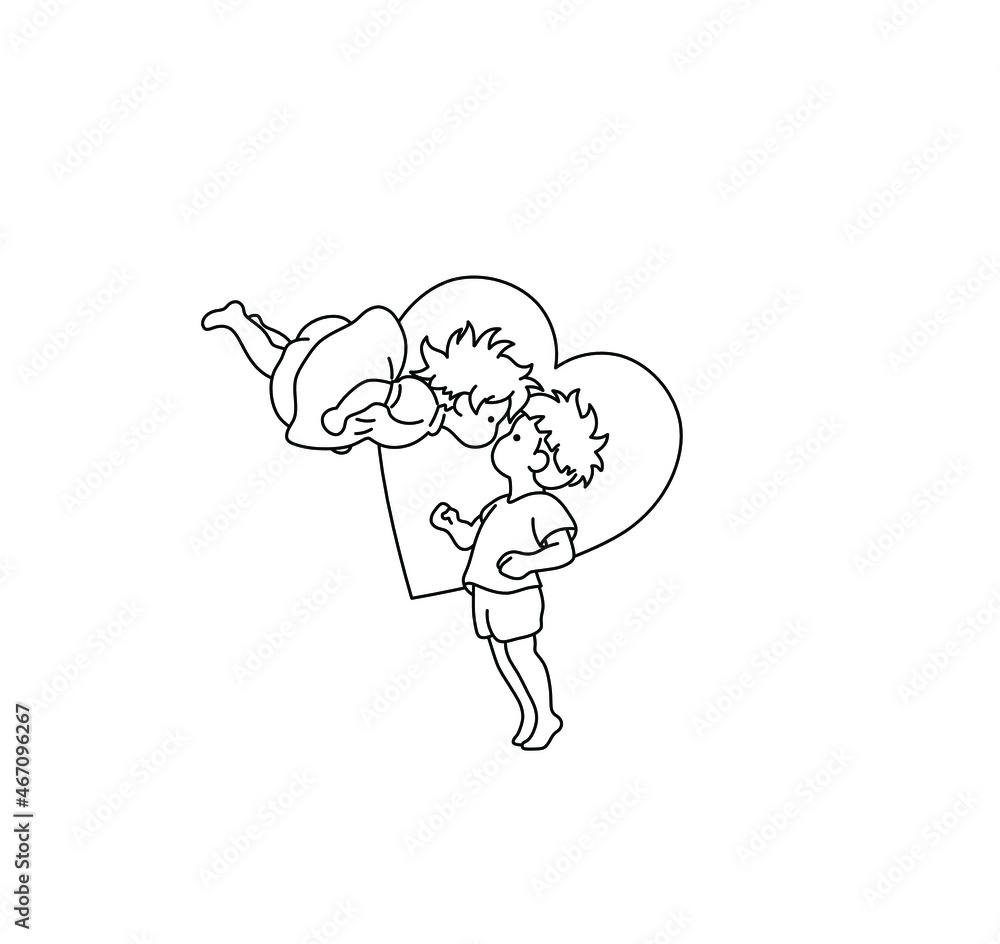 Vector isolated cute cartoon kising boy and girl kids contour line ...