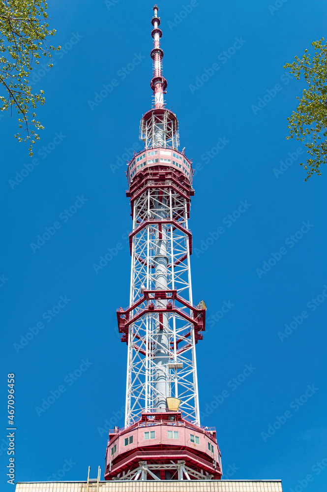 TV tower in the city of Kiev. Radio signal transmission. Public ...