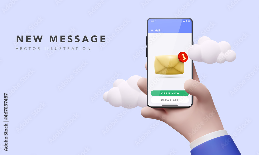 New email notification on phone. Mail notice on phone screen. Vector ...