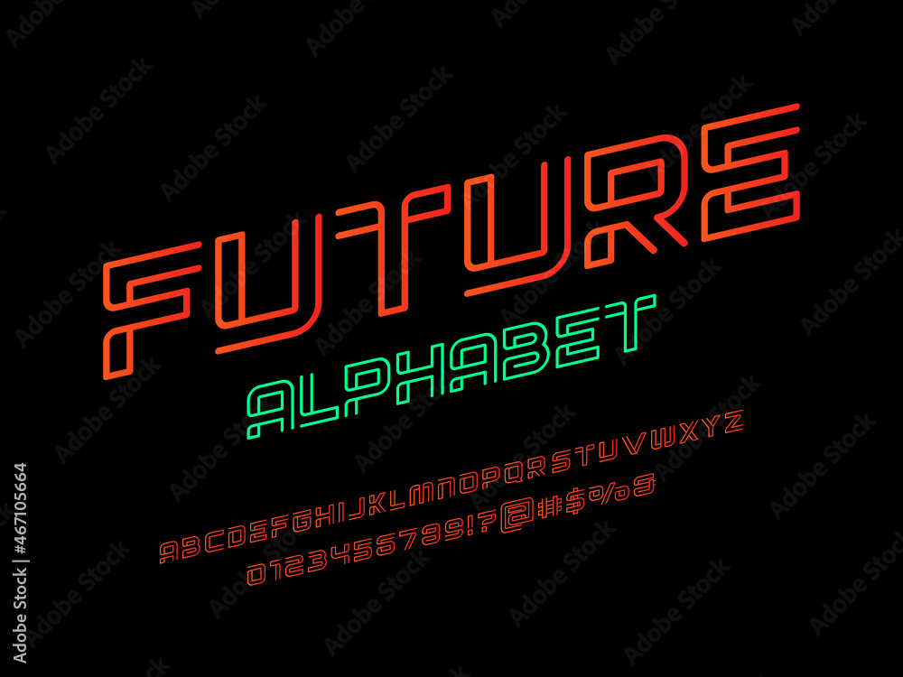 Futuristic display alphabet design with uppercase, numbers and symbols ...