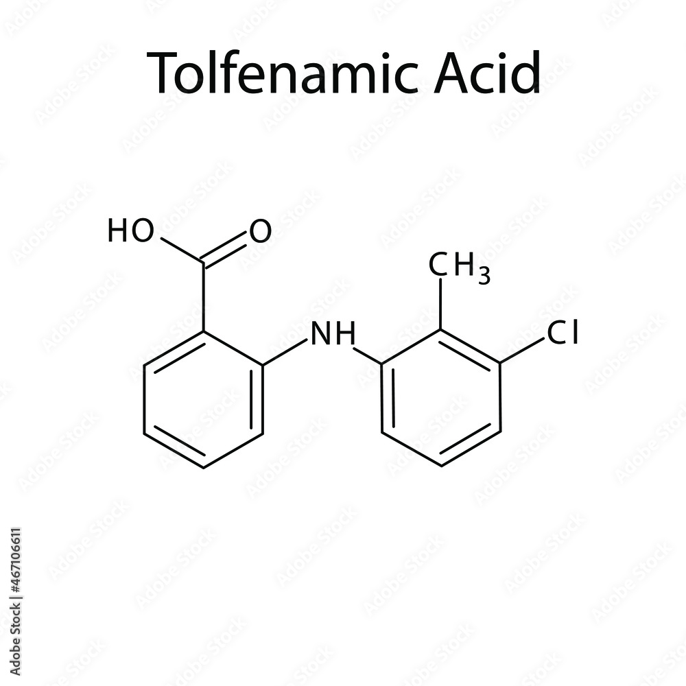 Tolfenamic acid molecular structure, flat skeletal chemical formula ...