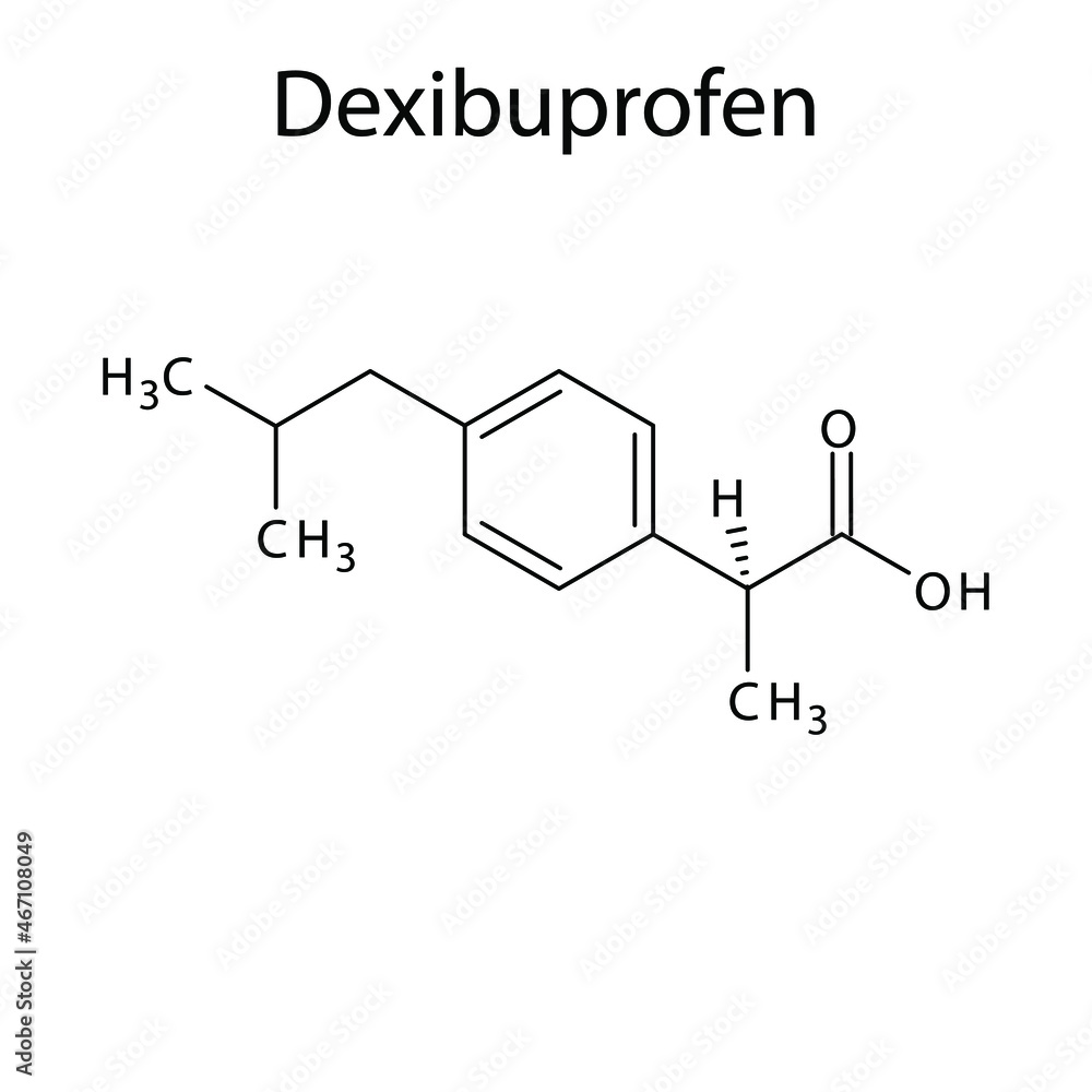 Dexibuprofen molecular structure, flat skeletal chemical formula. NSAID ...