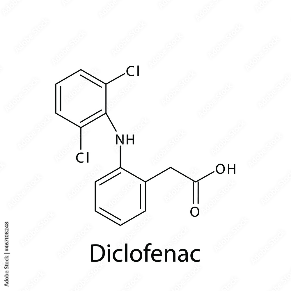 Diclofenac molecular structure, flat skeletal chemical formula. NSAID ...