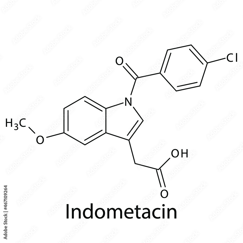 Indometacin molecular structure, flat skeletal chemical formula. NSAID ...
