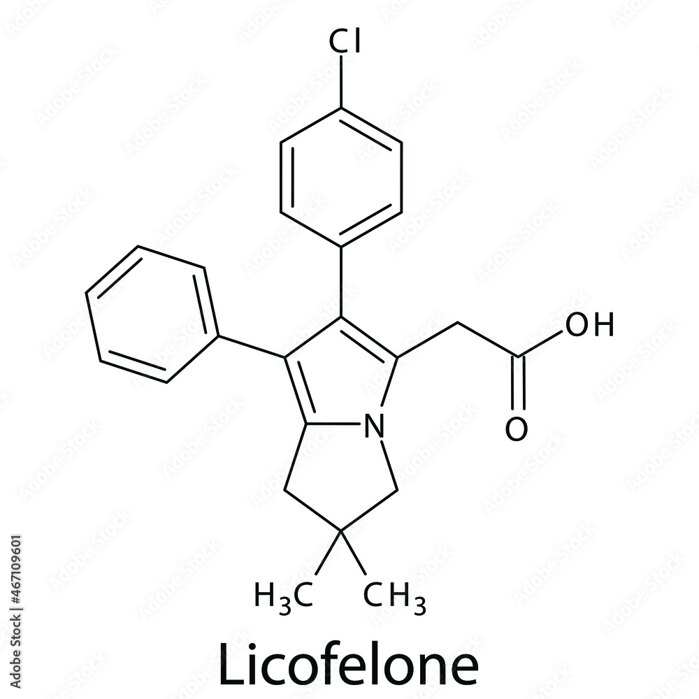 Licofelone molecular structure, flat skeletal chemical formula. NSAID ...