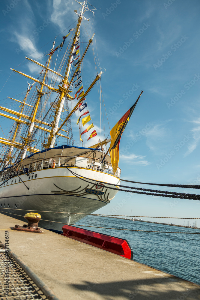 Boat tail of the sail training ship Gorch Fock in the harbour of Kiel ...