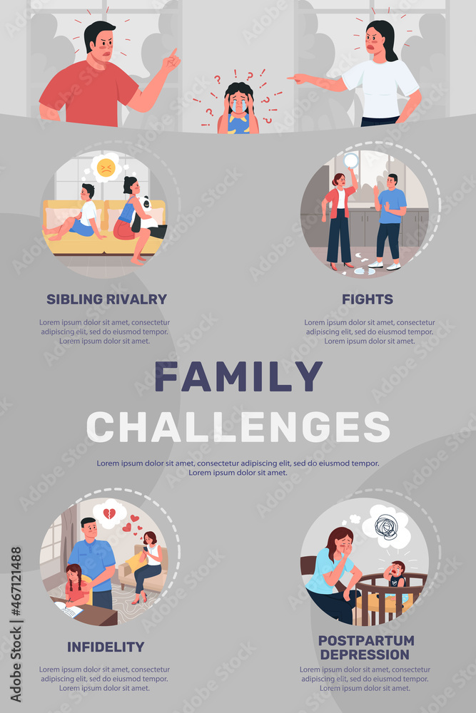 Family challenges flat color vector infographic template. Conflicts and ...